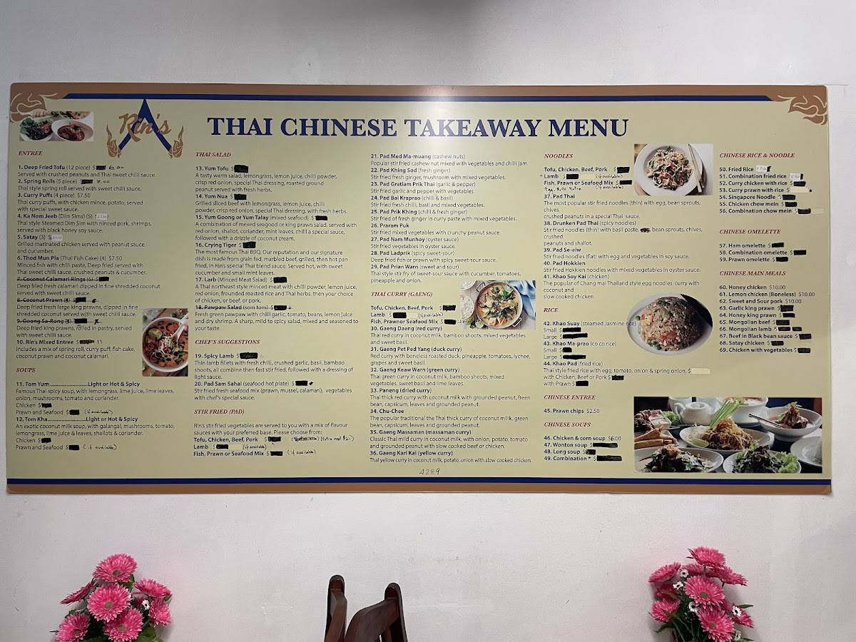 Menu at Rin's Thai Chinese Restaurant, Booval