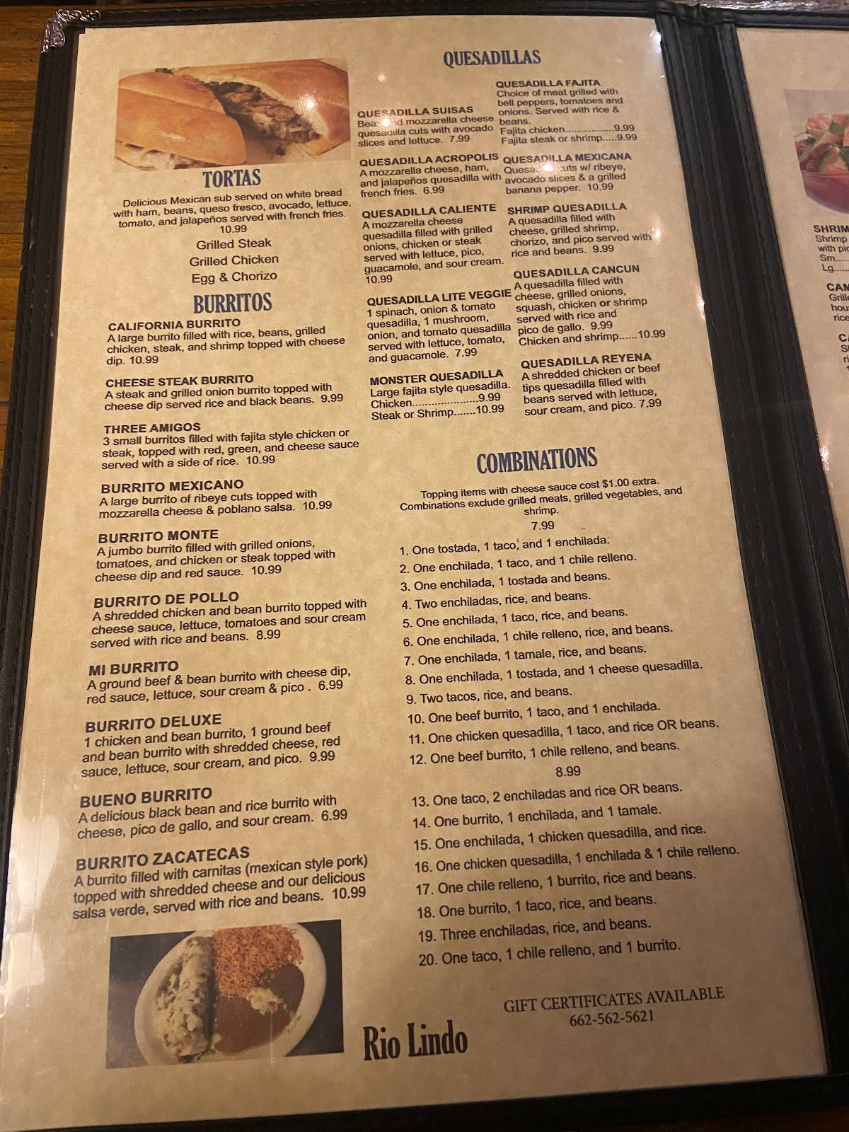 Menu at Rio Lindo Mexican Restaurant, Senatobia