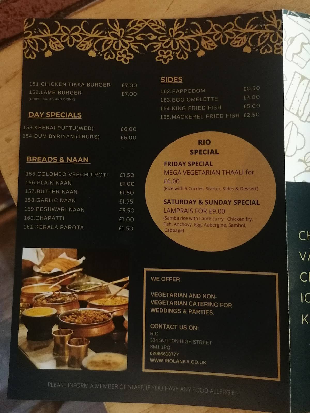 Menu at Rio - South Indian & Sri Lankan restaurant, Sutton