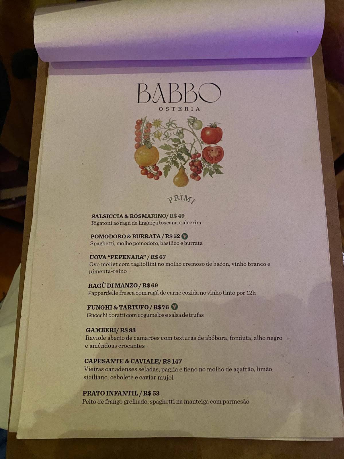 Menu em Babbo Osteria restaurante, Rio de Janeiro