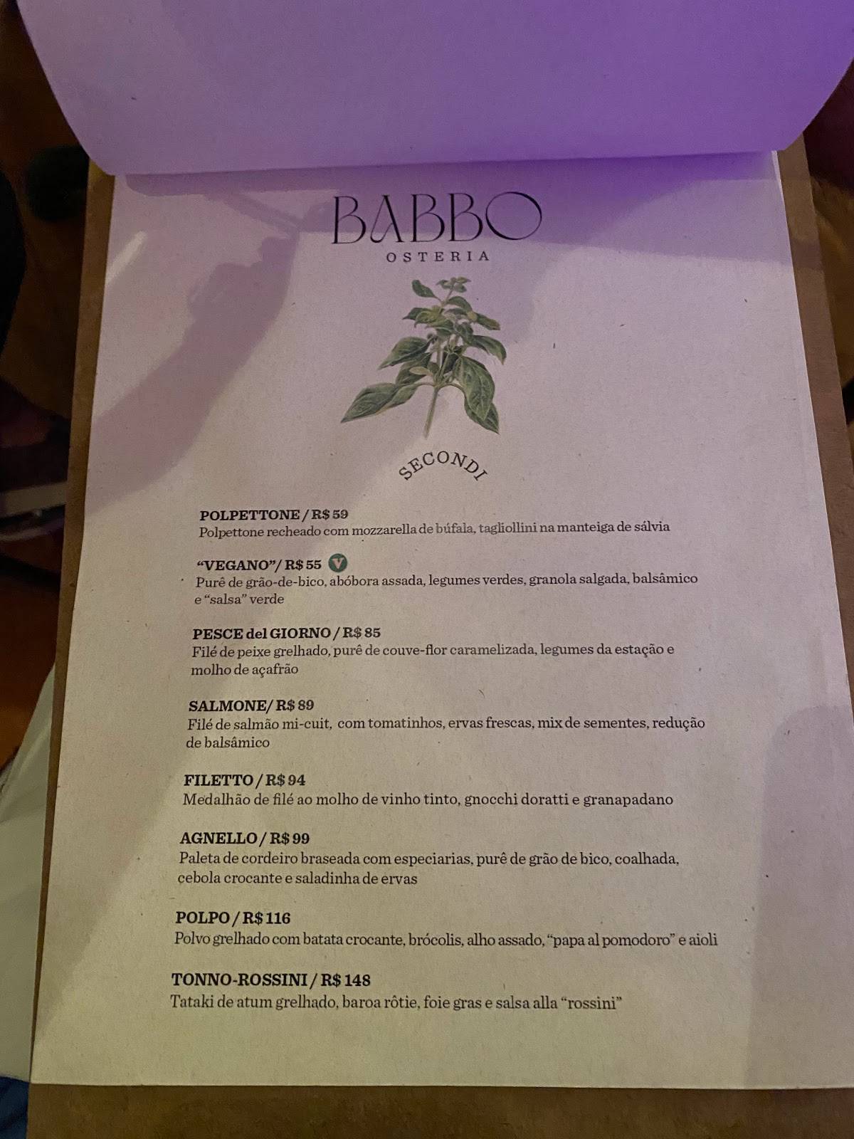 Menu em Babbo Osteria restaurante, Rio de Janeiro
