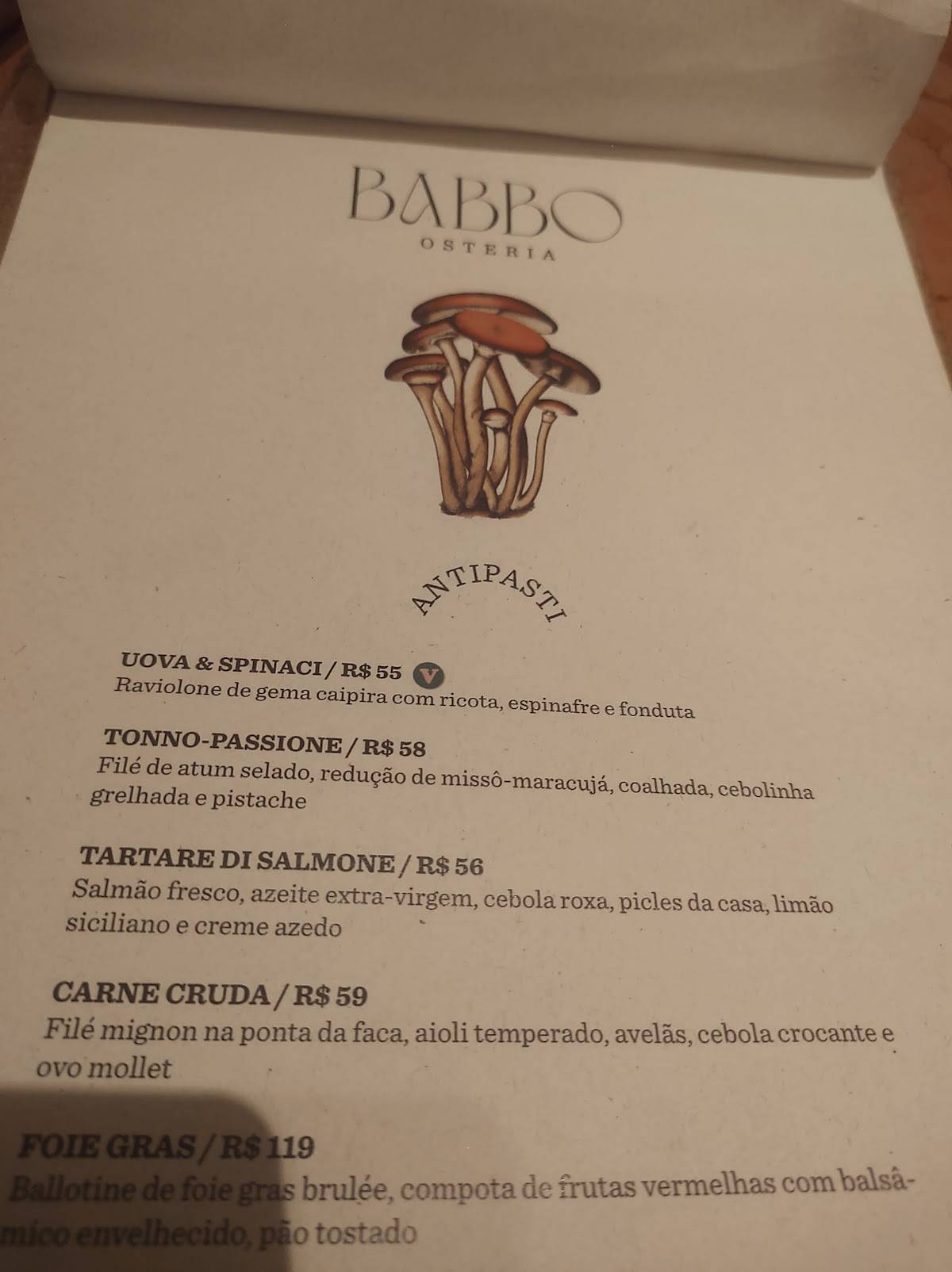Menu em Babbo Osteria restaurante, Rio de Janeiro