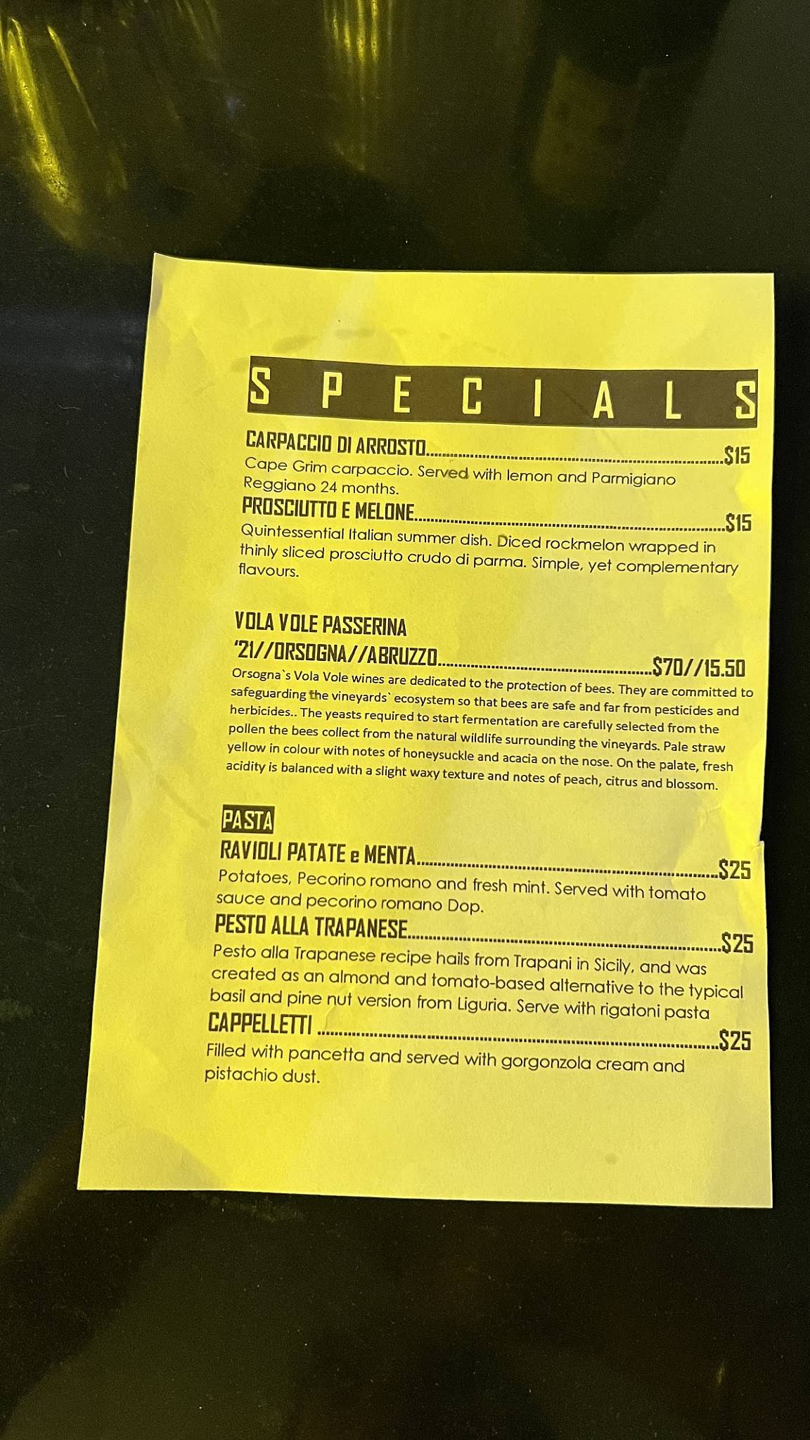 Menu at Ripiena restaurant, Brisbane City