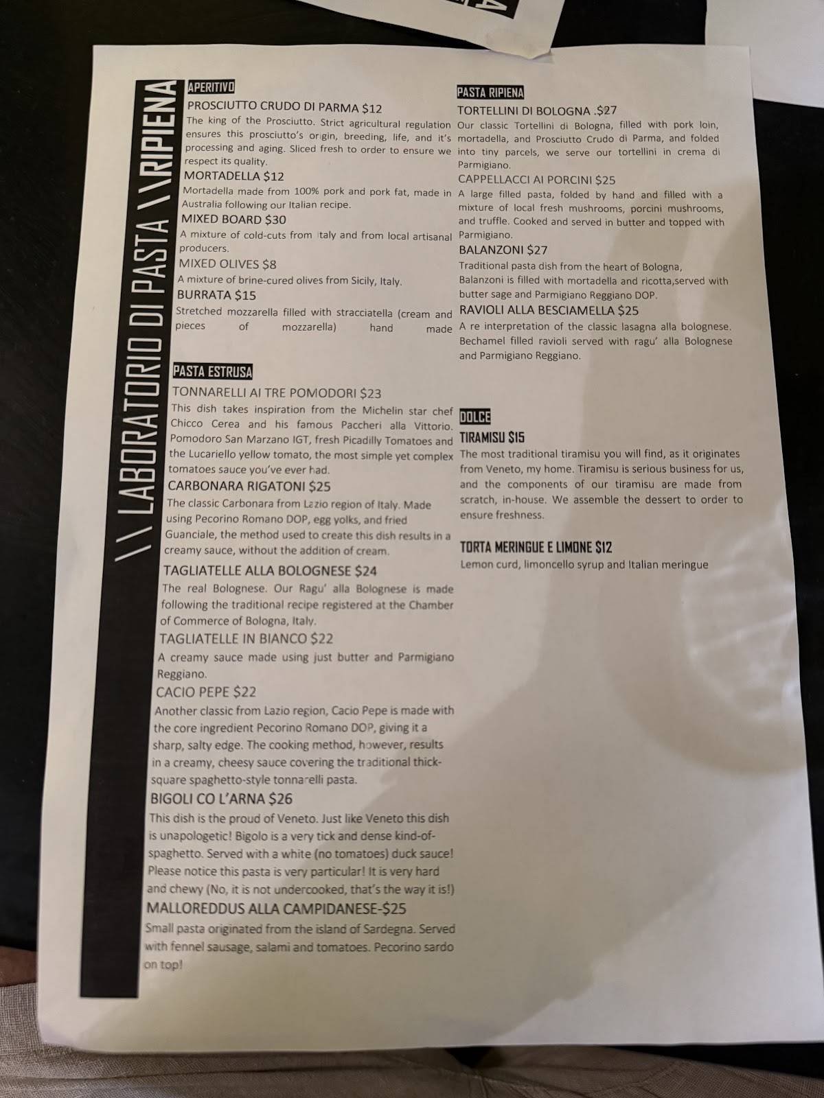 Menu at Ripiena restaurant, Fortitude Valley