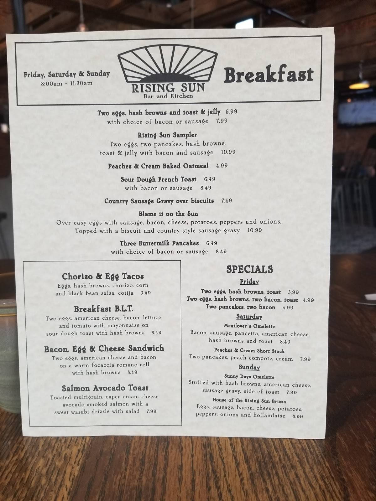 Menu at Rising Sun Bar & Kitchen, Campbelltown