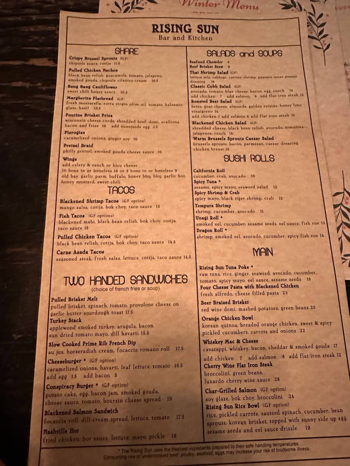 Menu at Rising Sun Bar & Kitchen, Campbelltown