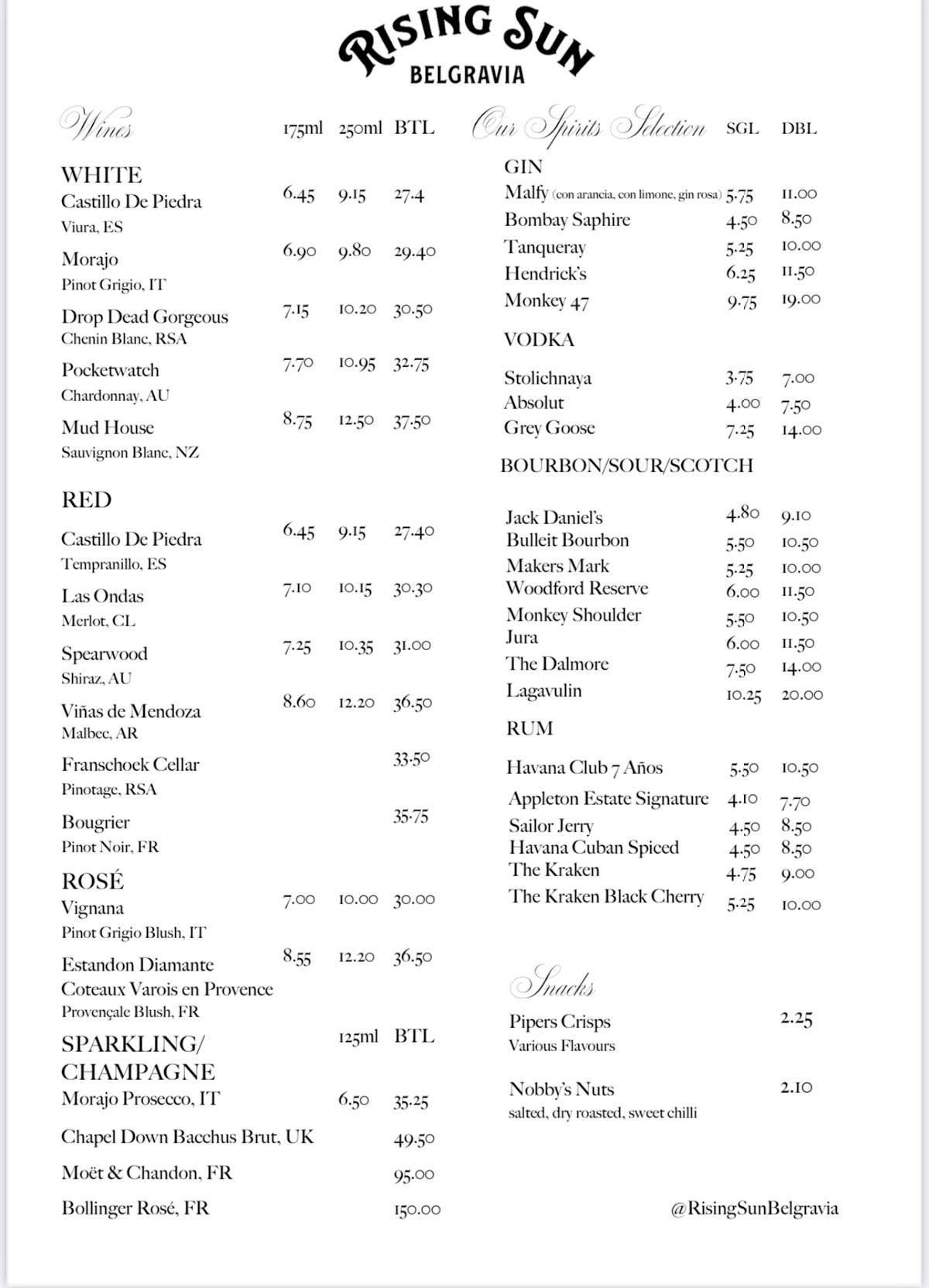 Menu at Rising Sun Belgravia pub & bar, London, 44-46 Ebury Bridge Rd