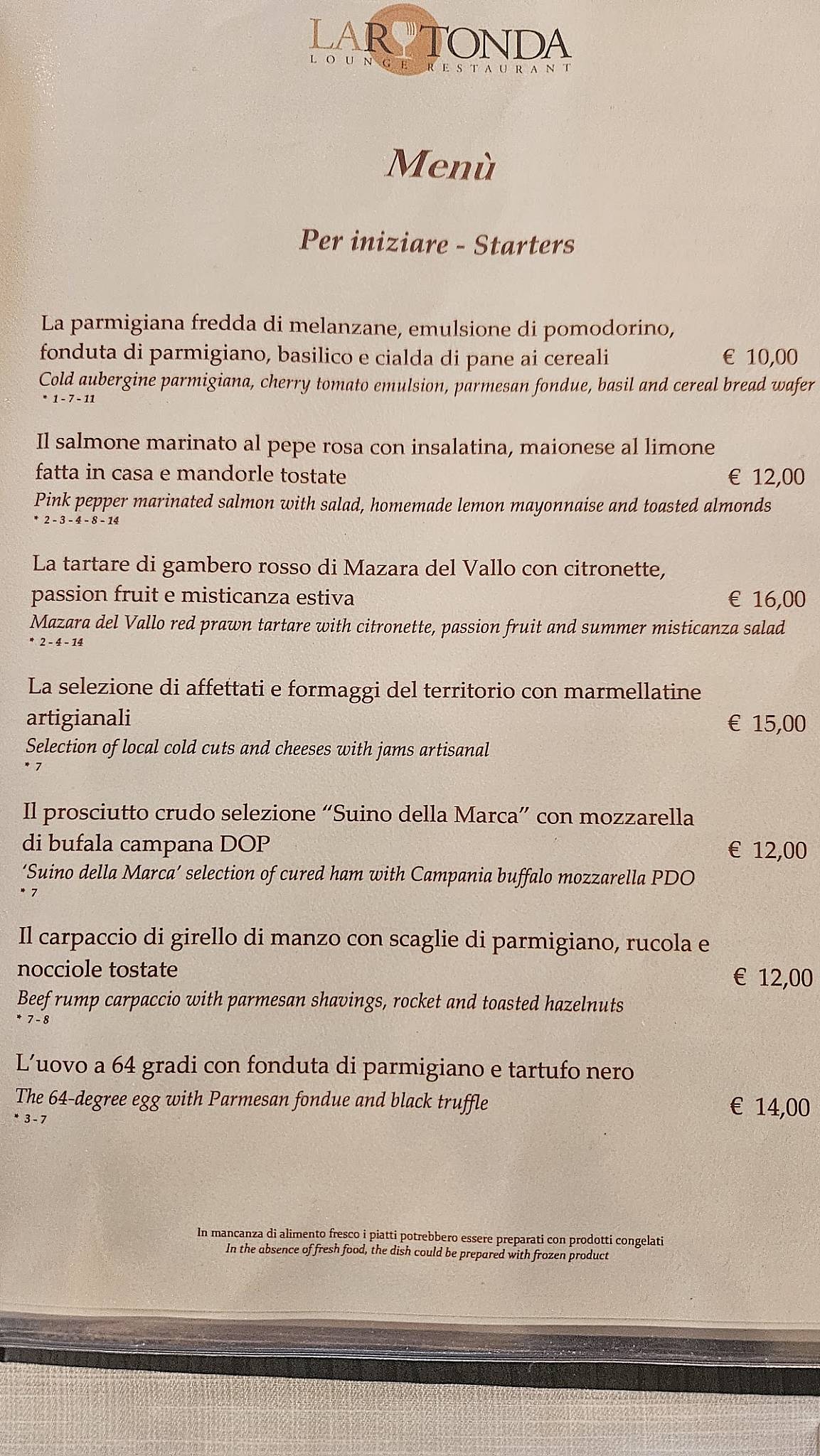 Menu da La Rotonda ristorante, Jesi