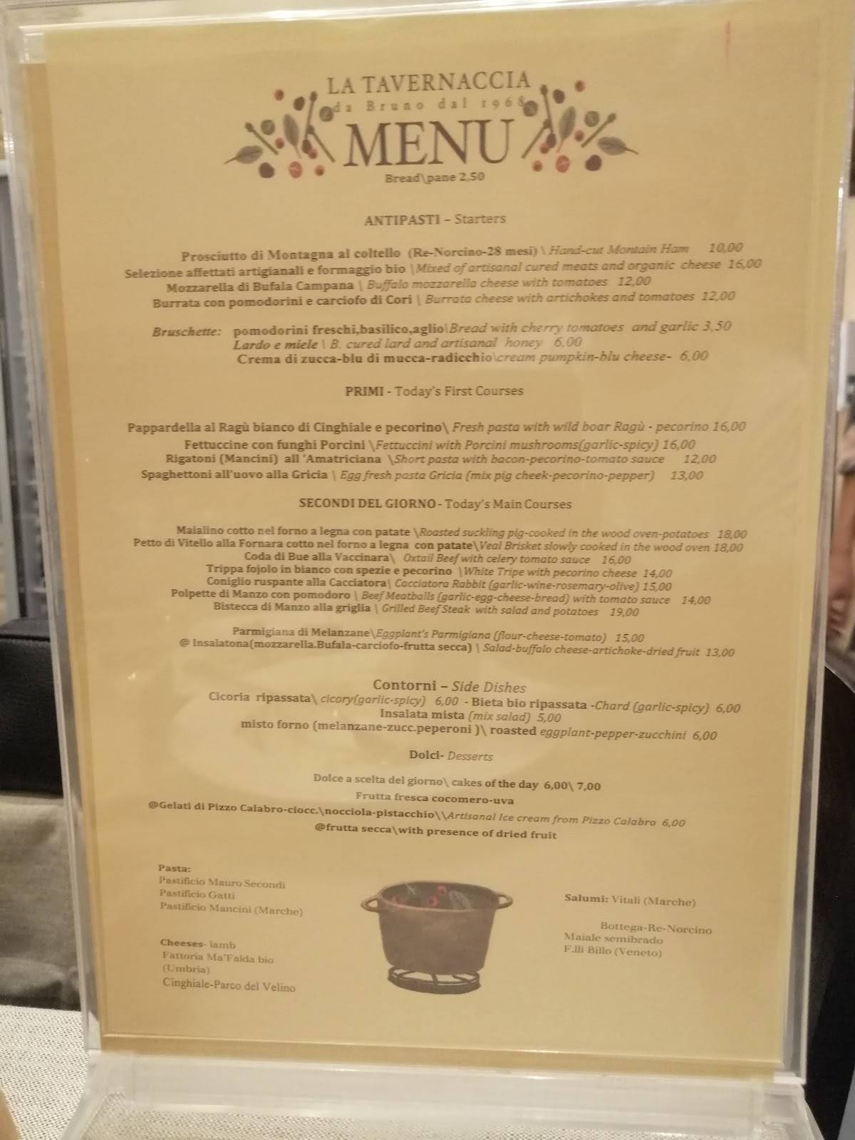 Menu at Ristorante La Tavernaccia Da Bruno, Rome, Via Giovanni da ...