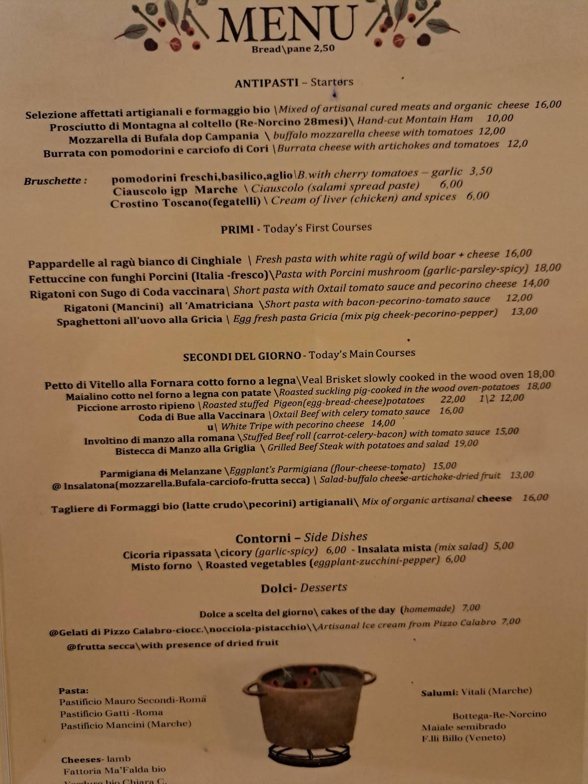 Menu at Ristorante La Tavernaccia Da Bruno, Rome, Via Giovanni da ...