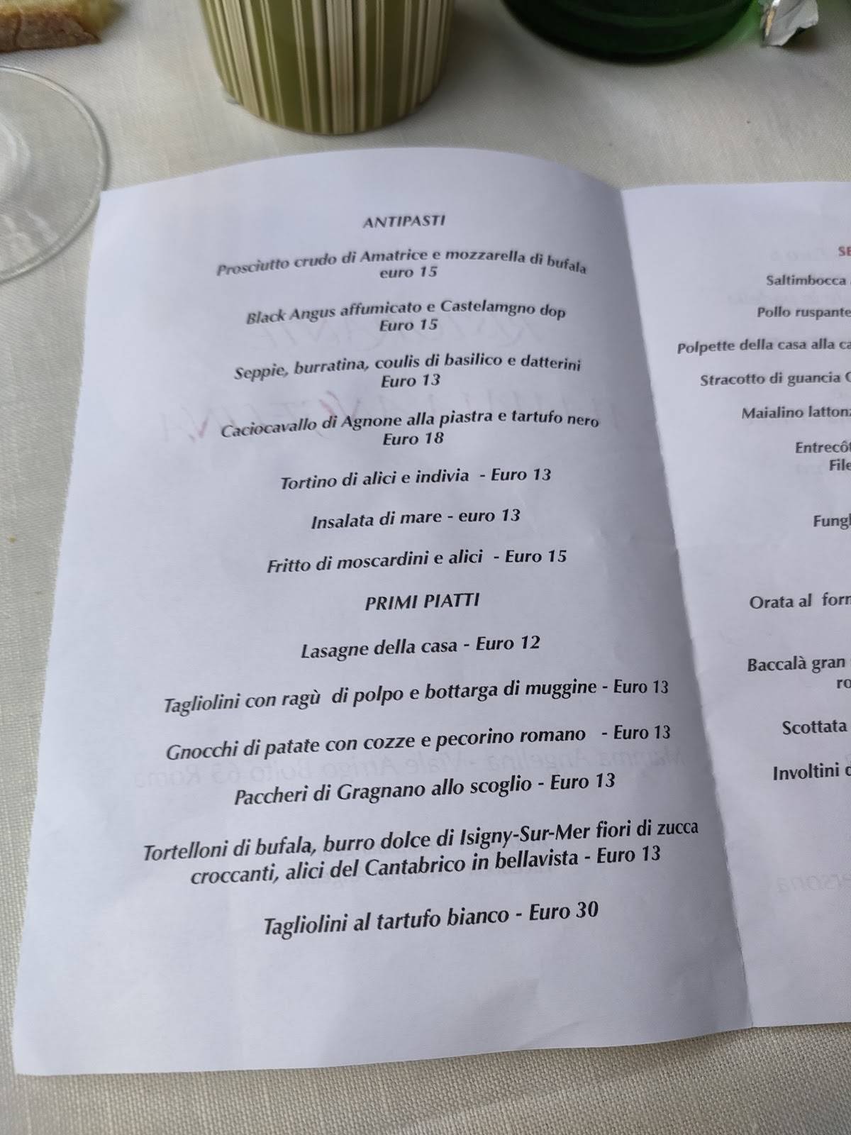 Menu da Mamma Angelina ristorante, Roma