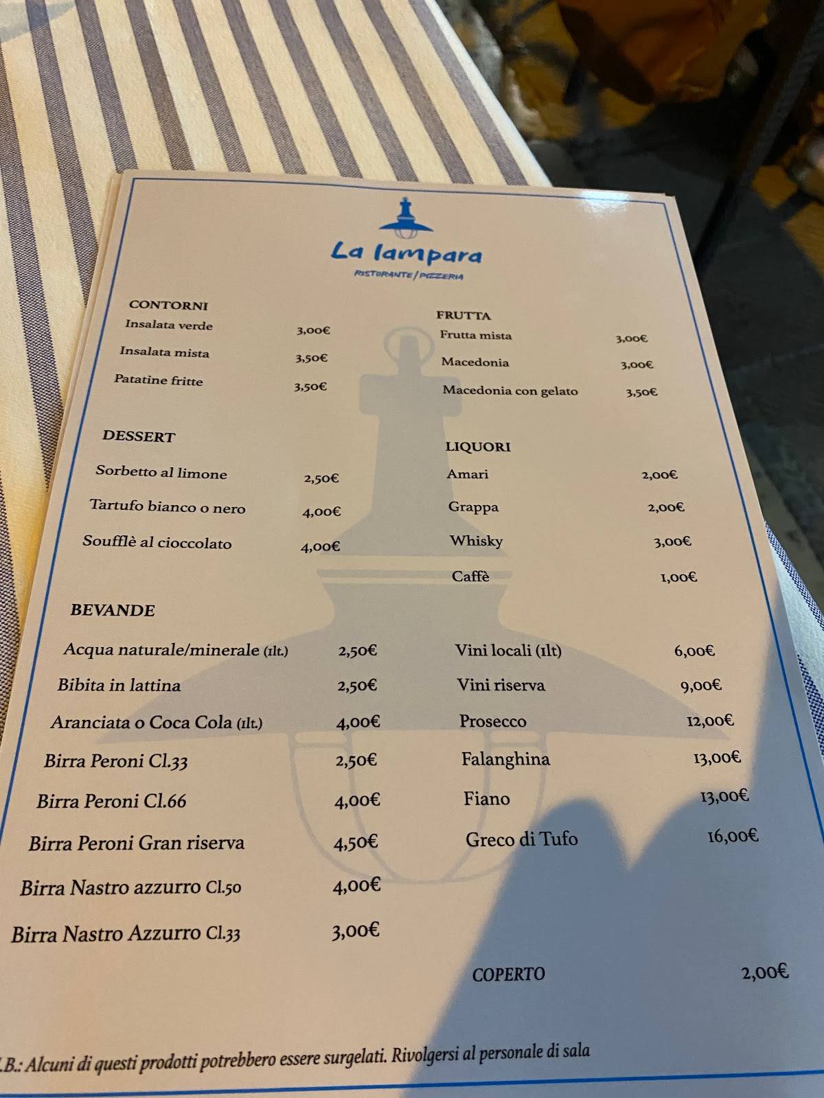 Menu da Ristorante Pizzeria La Lampara, Mola di Bari, Via Lungara Porto