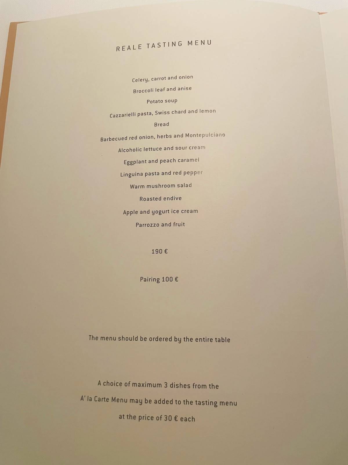 Carta de Ristorante Reale, Castel di Sangro