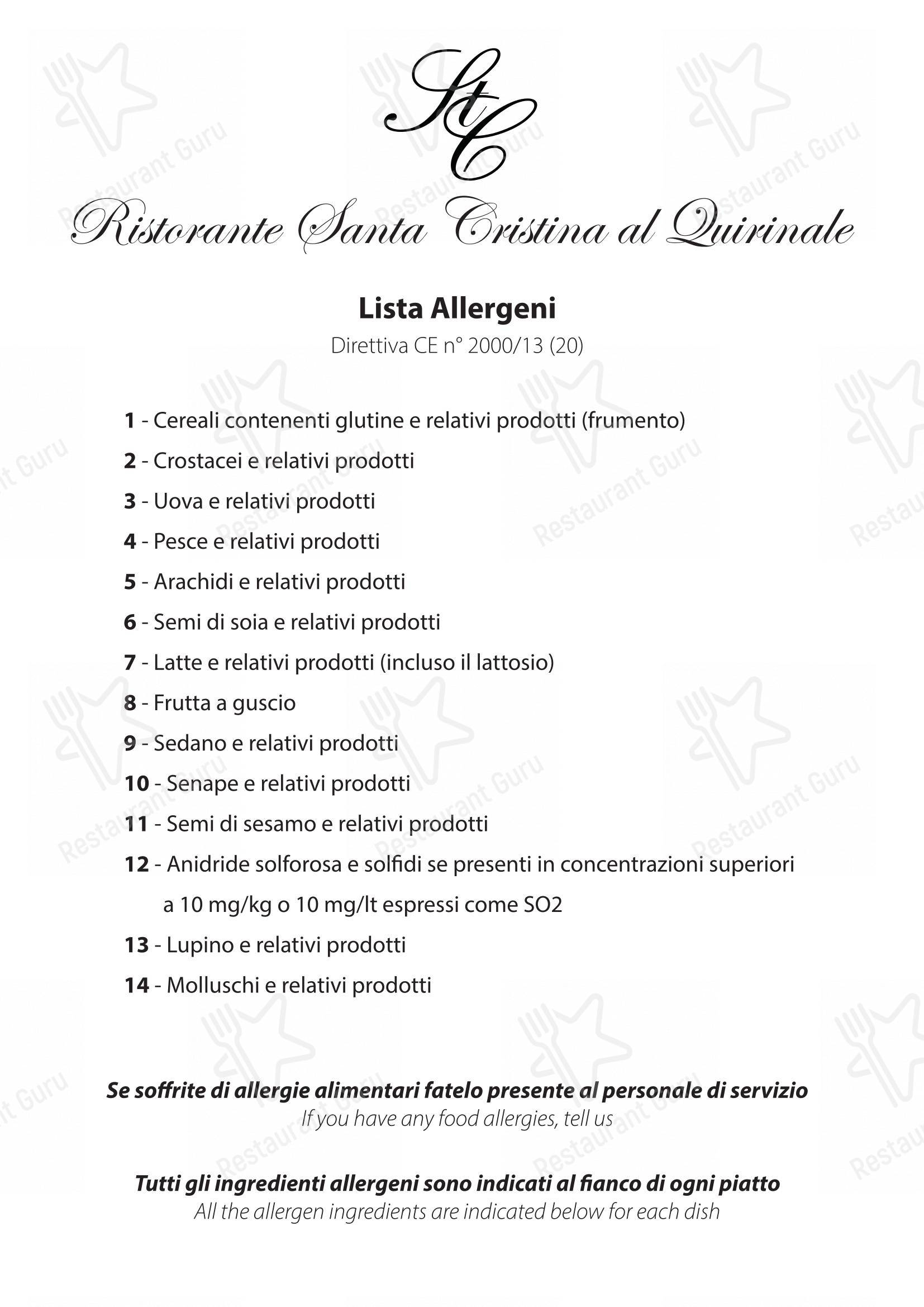 Menu at Ristorante Santa Cristina al Quirinale, Rome