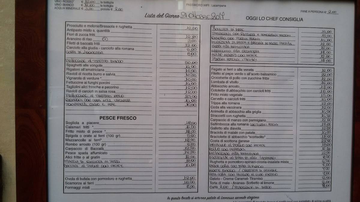 Menu at Ristorante la Campana, Rome
