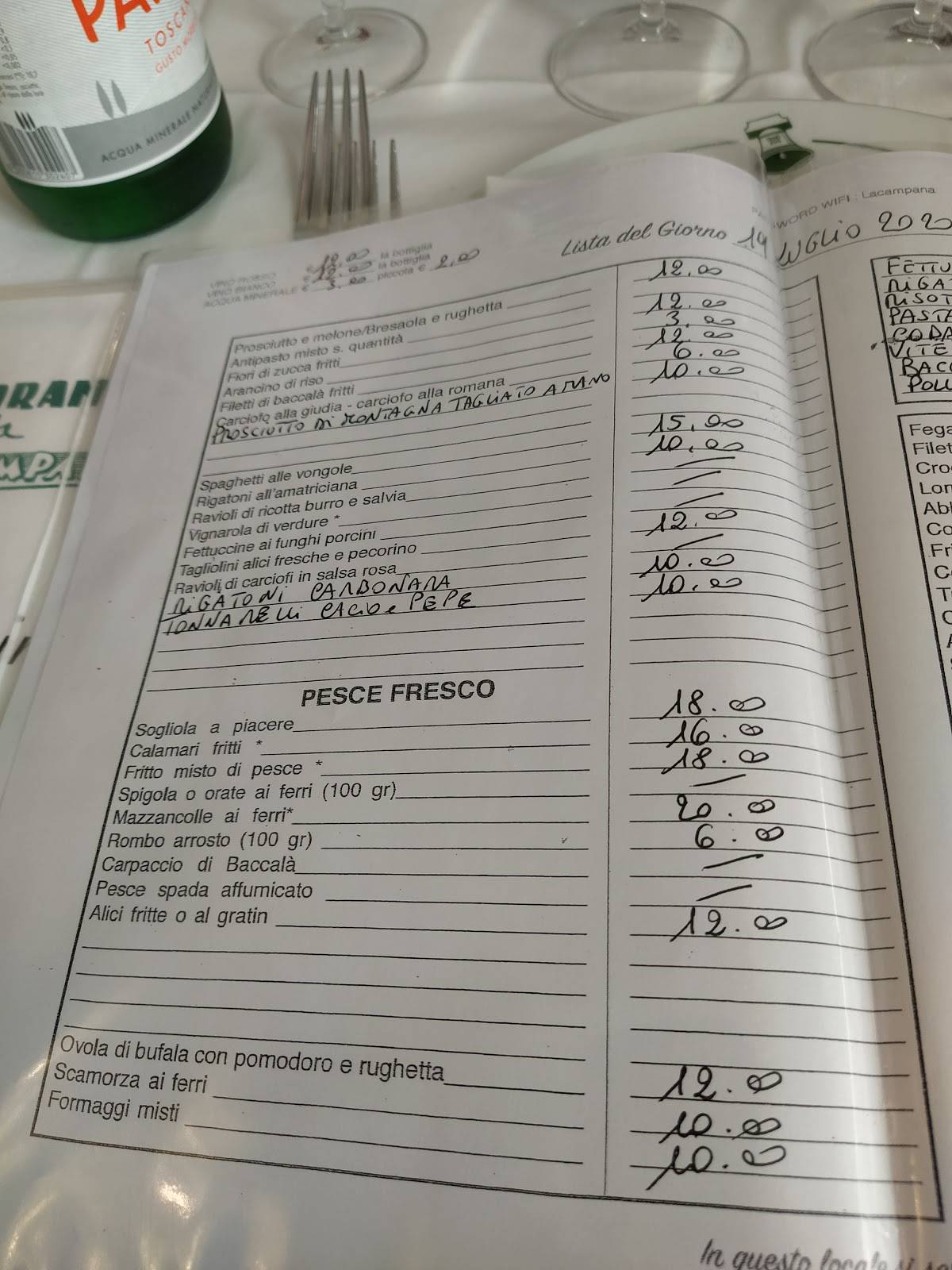 Menu da La Campana ristorante, Roma