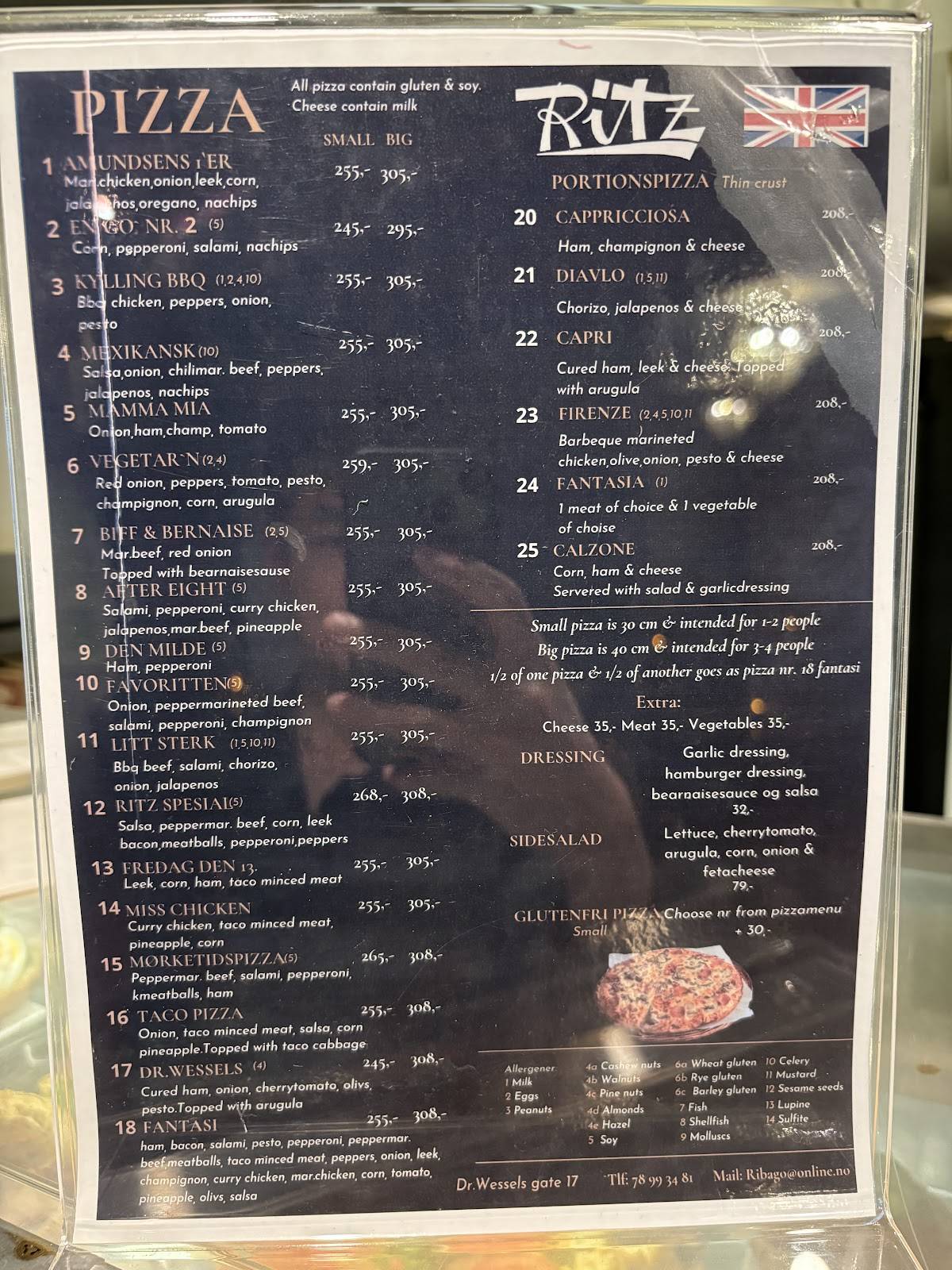 Menu at Ritz pizzeria, Kirkenes