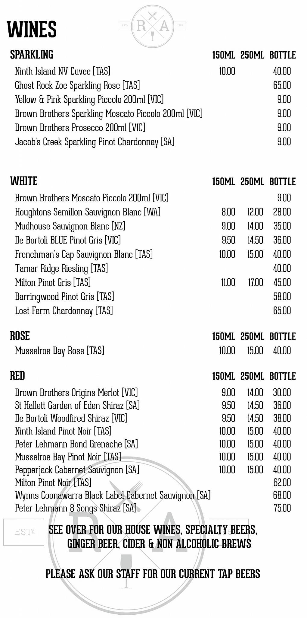 Menu at River Arms Hotel restaurant, Ulverstone