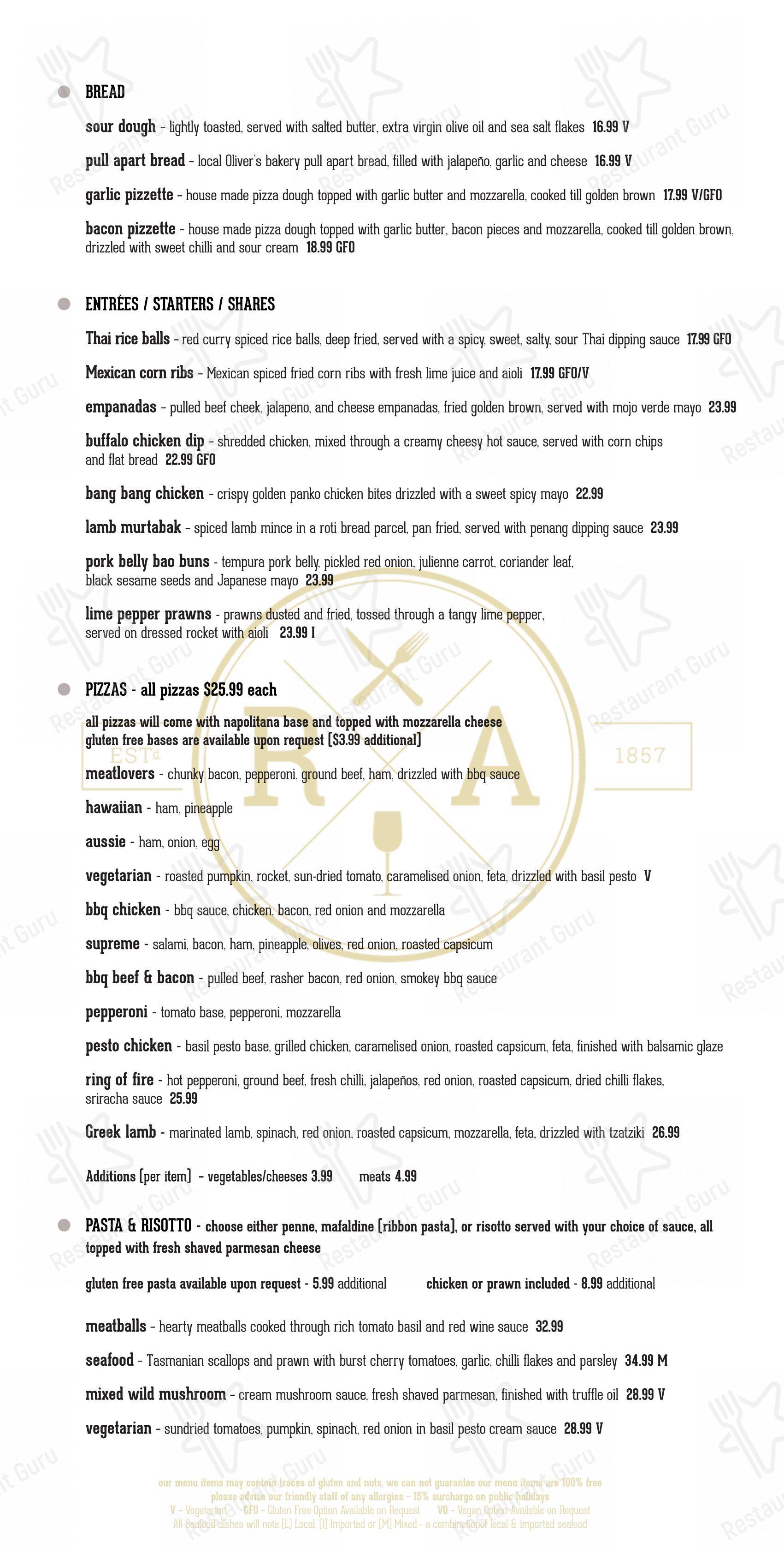 Menu at River Arms Hotel restaurant, Ulverstone
