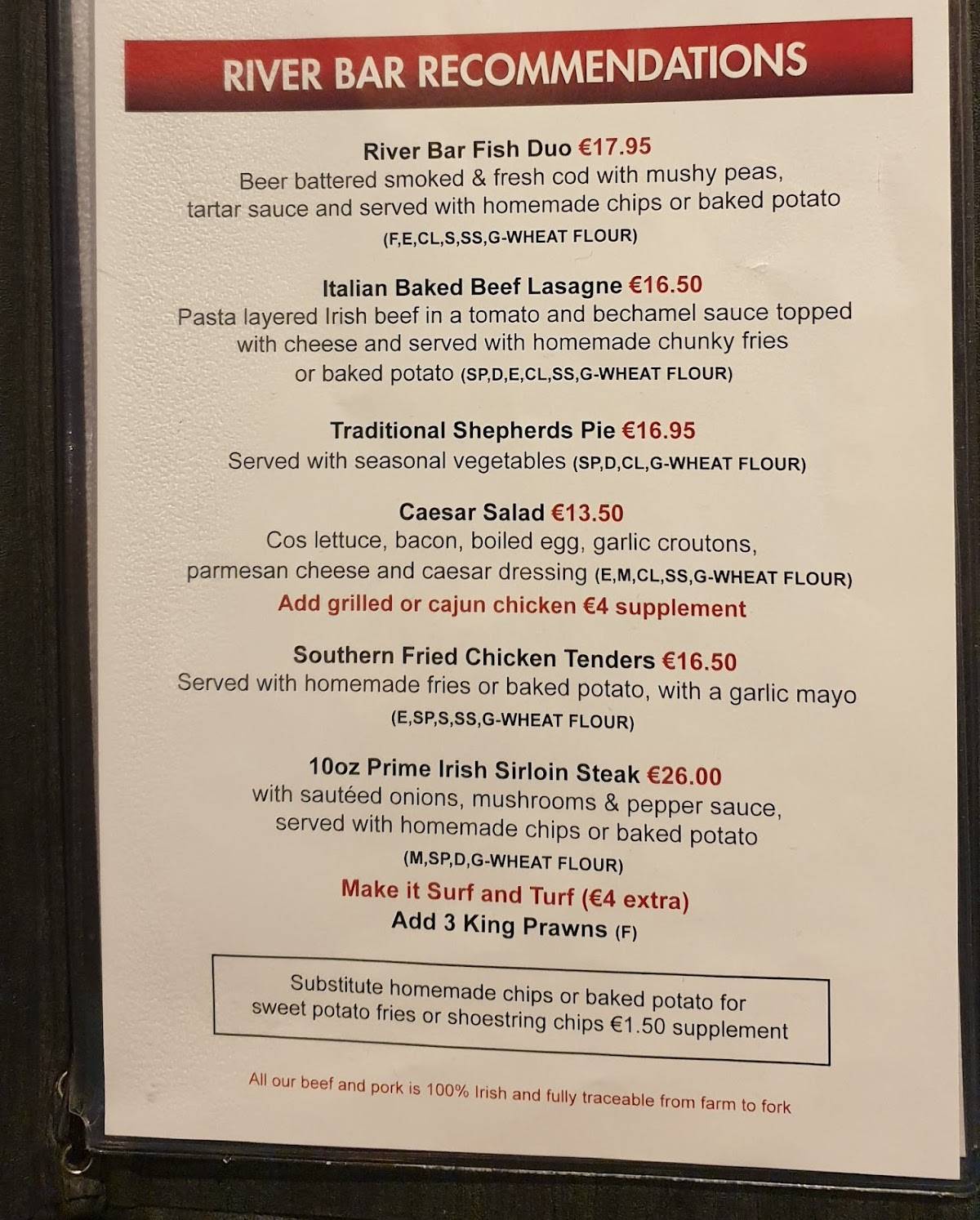 Menu at River Bar, Dublin