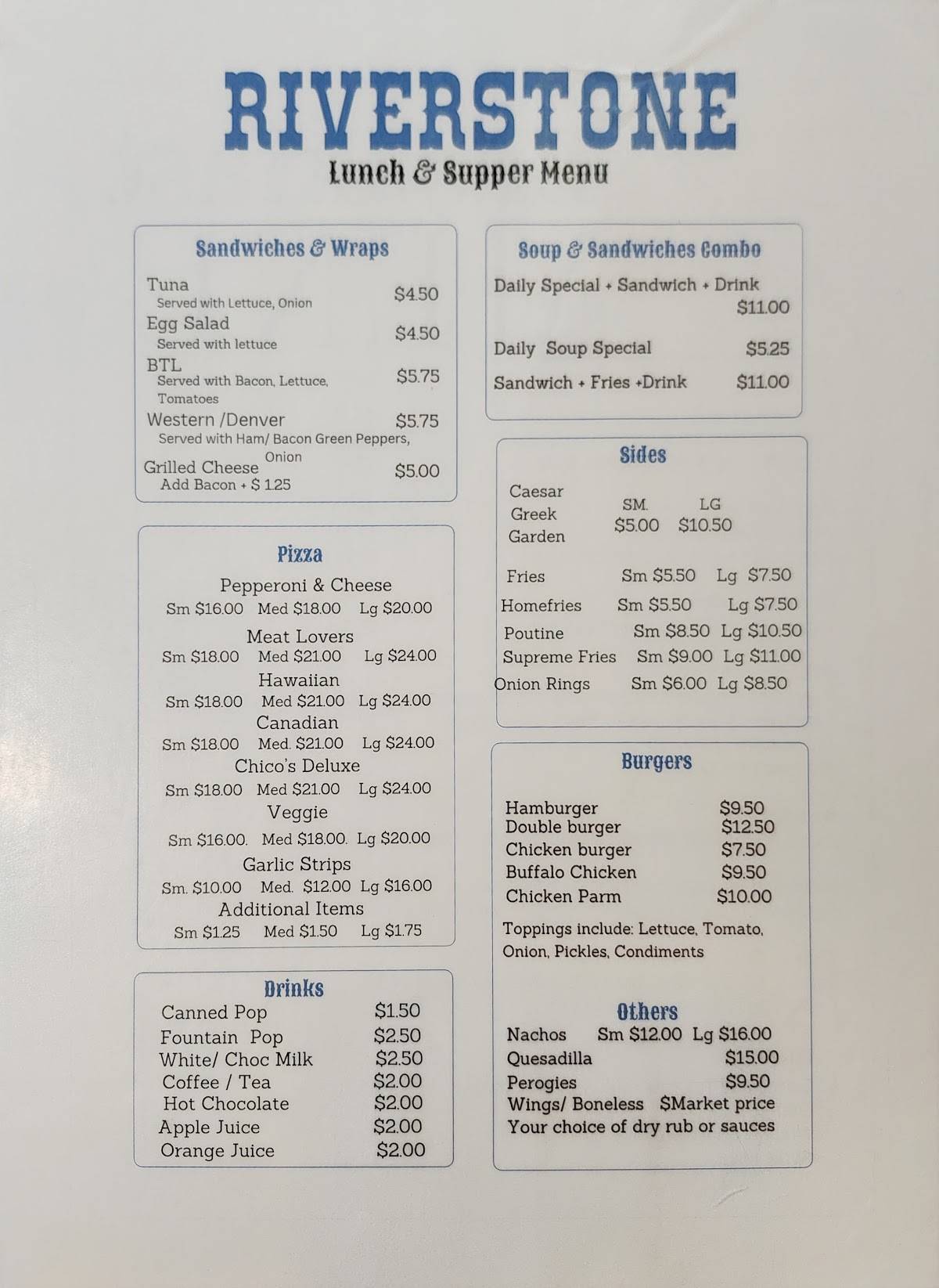 Menu at Riverstone Restaurant, Alvinston