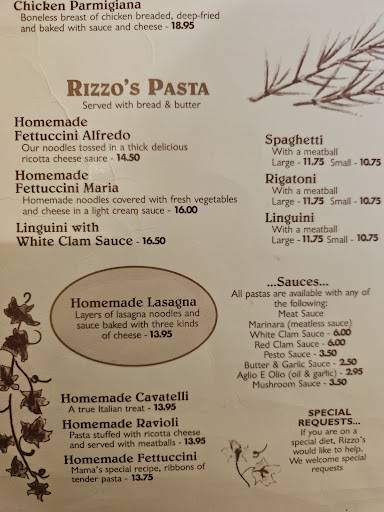 Menu at Rizzo's of Windber restaurant, Windber