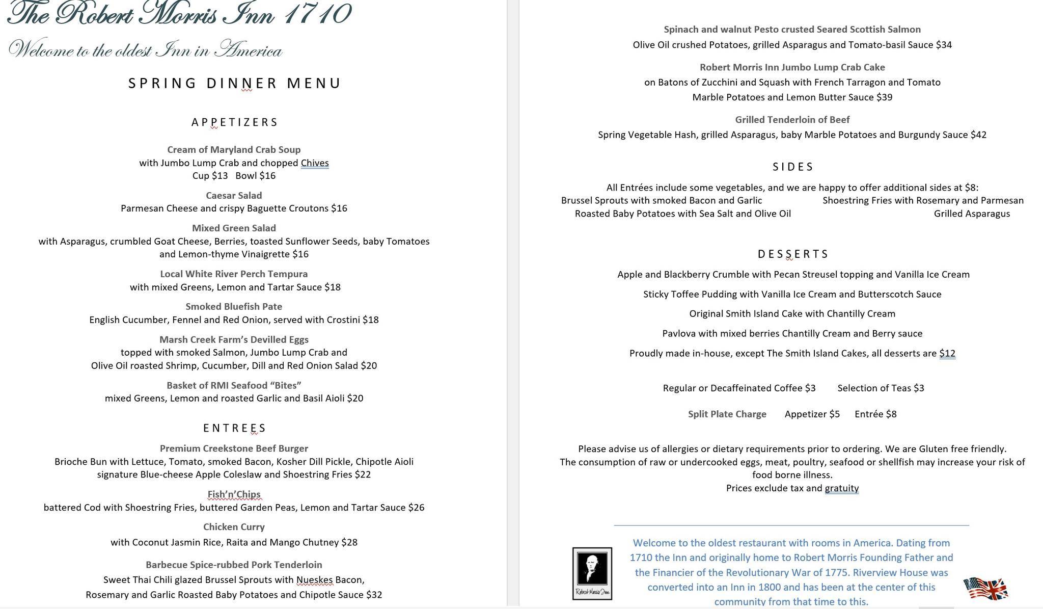 Menu at Robert Morris Inn restaurant, Oxford