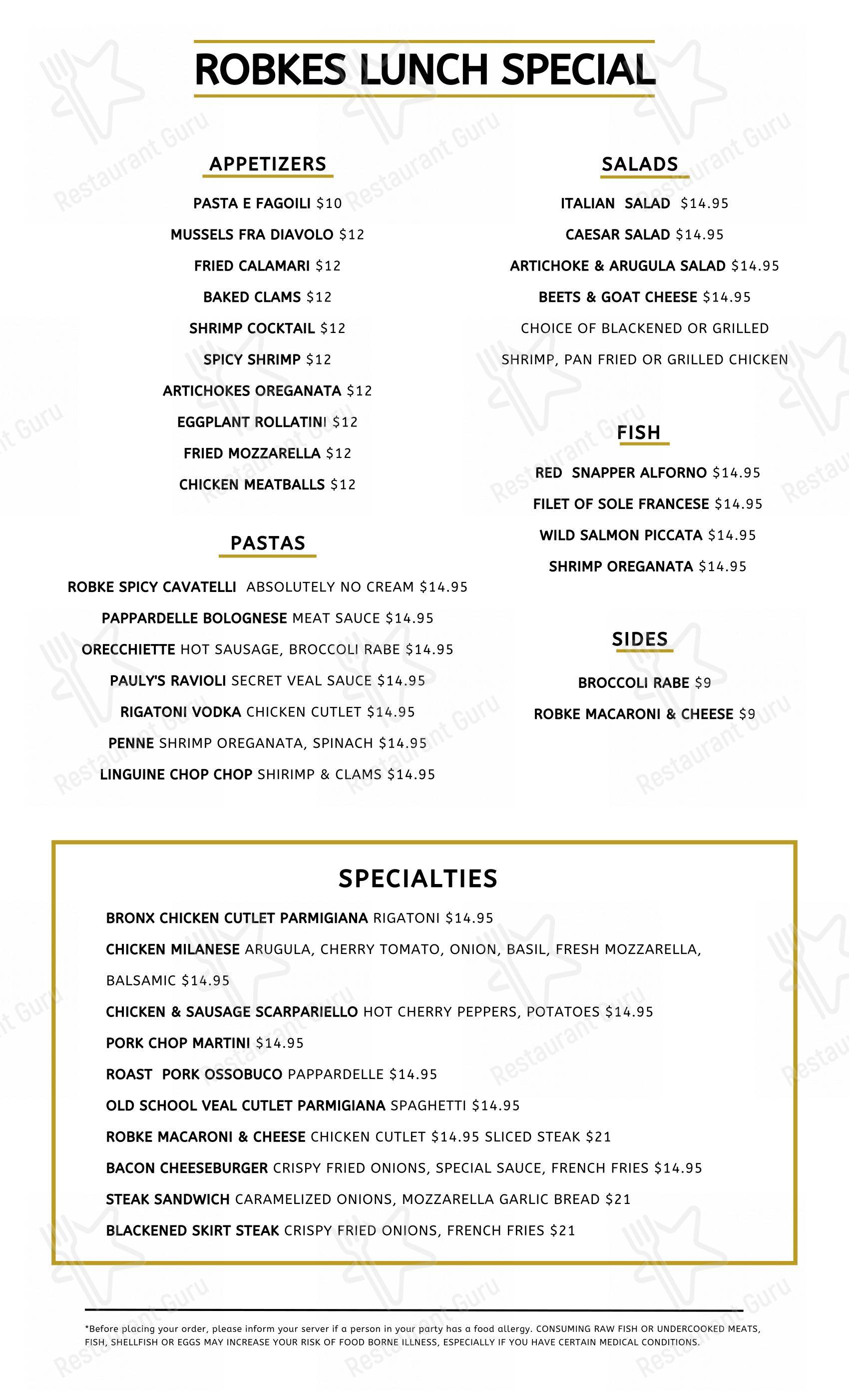 Menu at Robke's Northport restaurant, Northport