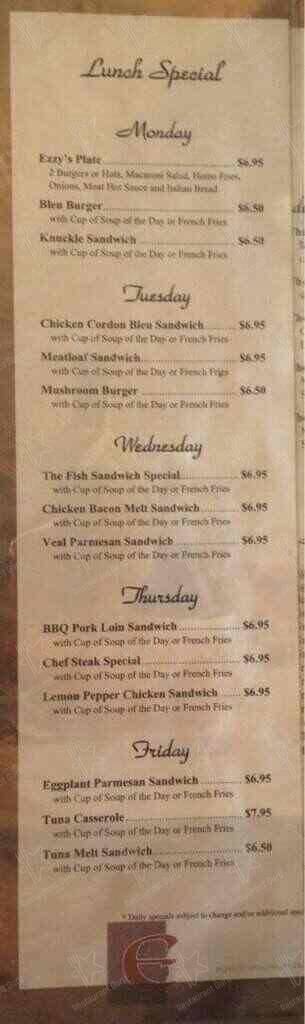 Menu at Ezzy's restaurant, Rochester, 885 Buffalo Rd