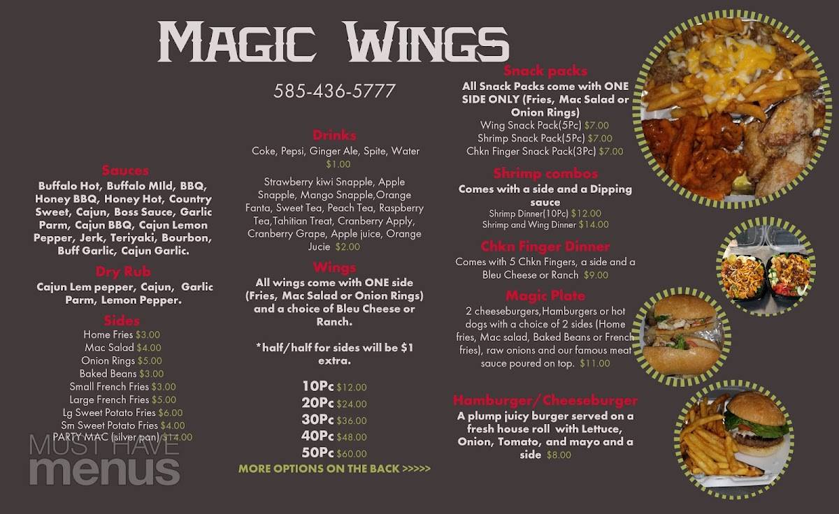 Menu at KELVIN'S MAGIC WINGS restaurant, Rochester