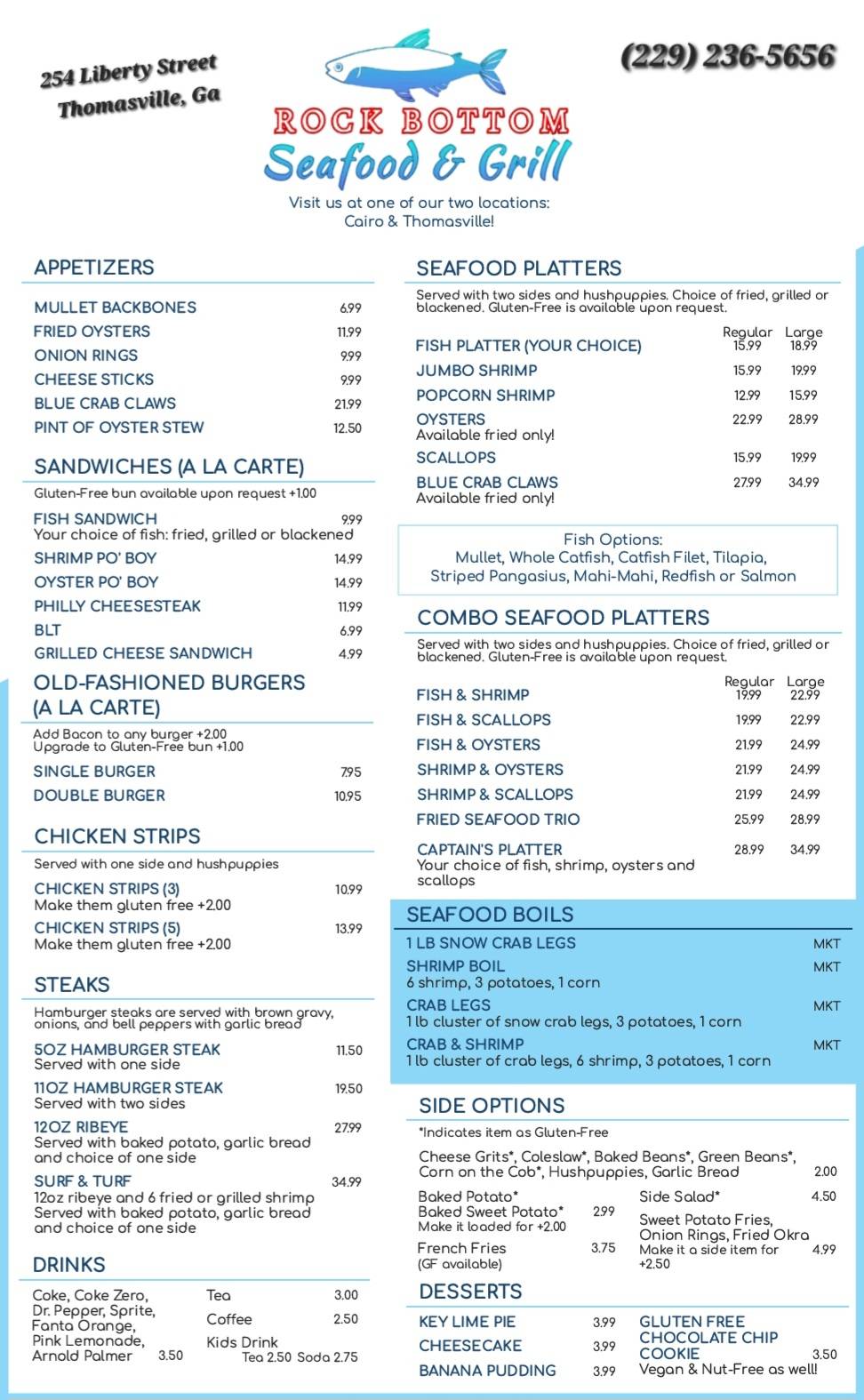 Menu at Rock Bottom Seafood & Grill restaurant, Thomasville