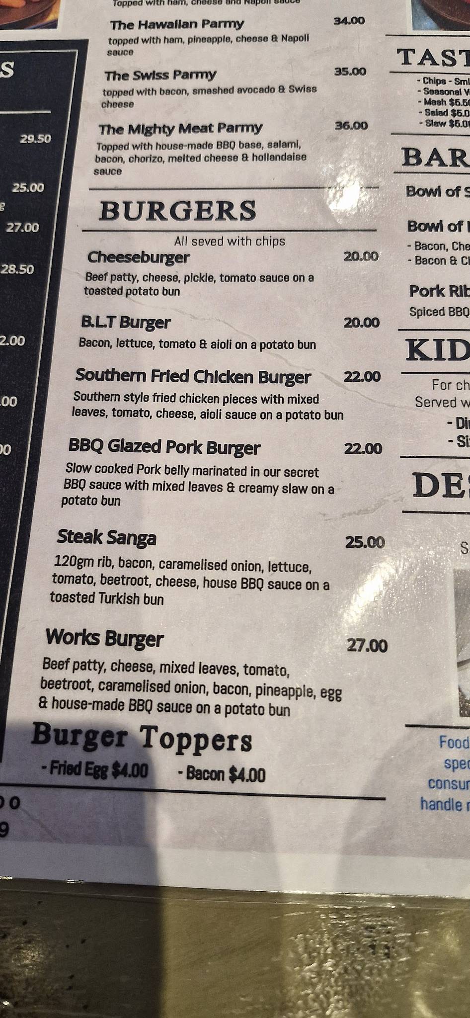 Menu at Brunswick Hotel restaurant, Rockhampton City