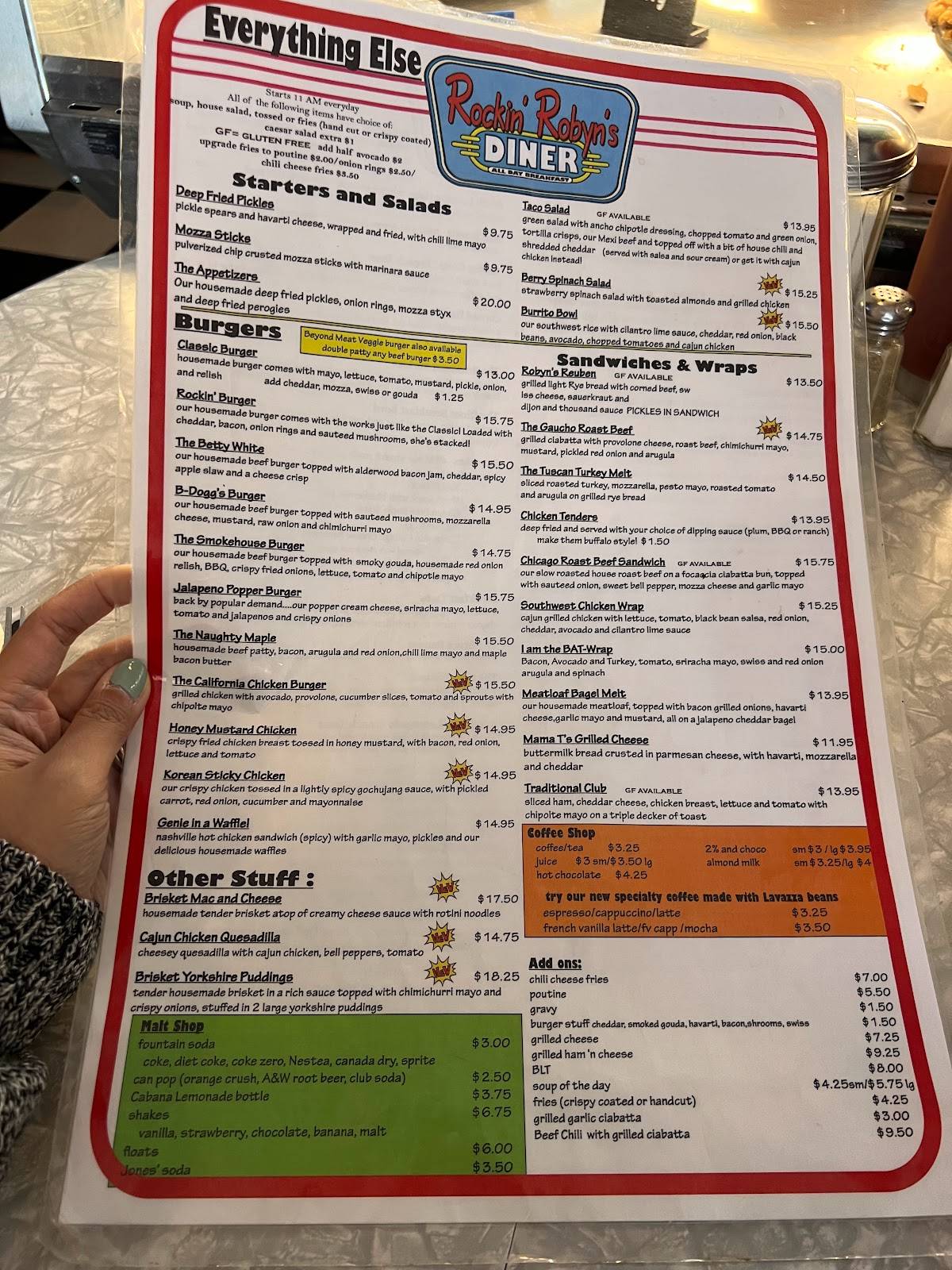 Menu at Rockin' Robyn's restaurant, Edmonton