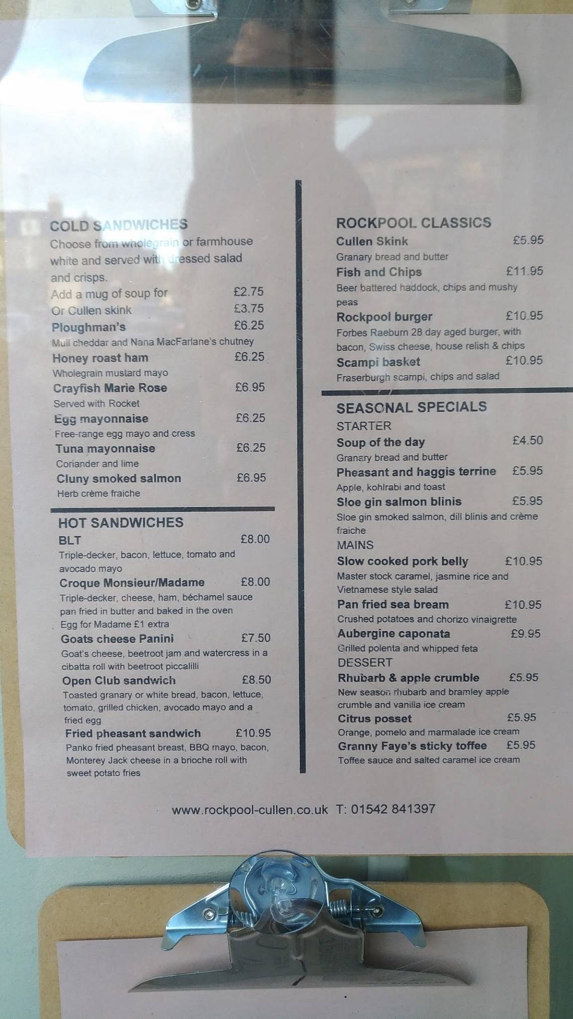 Menu at Rockpool Cafe, Cullen