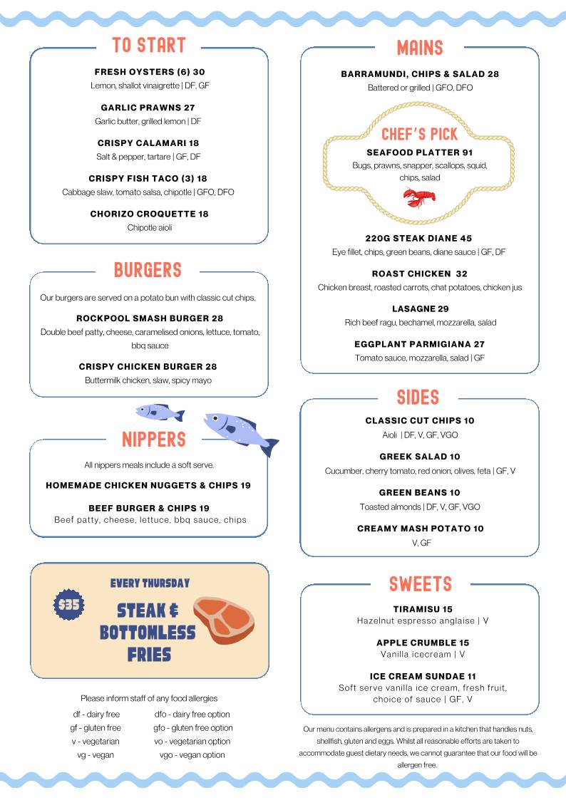 Menu at Rockpool Pavilion restaurant, Townsville City
