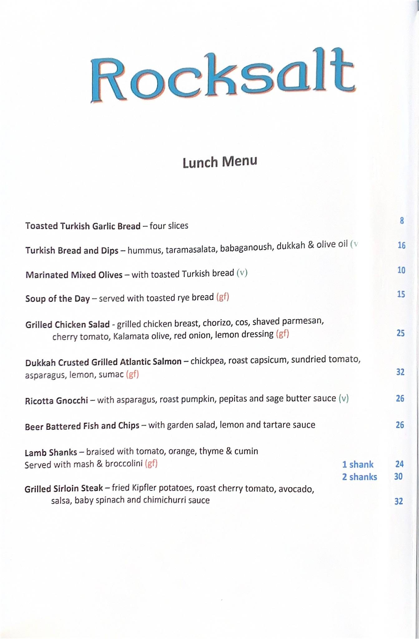 Menu at Rocksalt Restaurant, Hawker