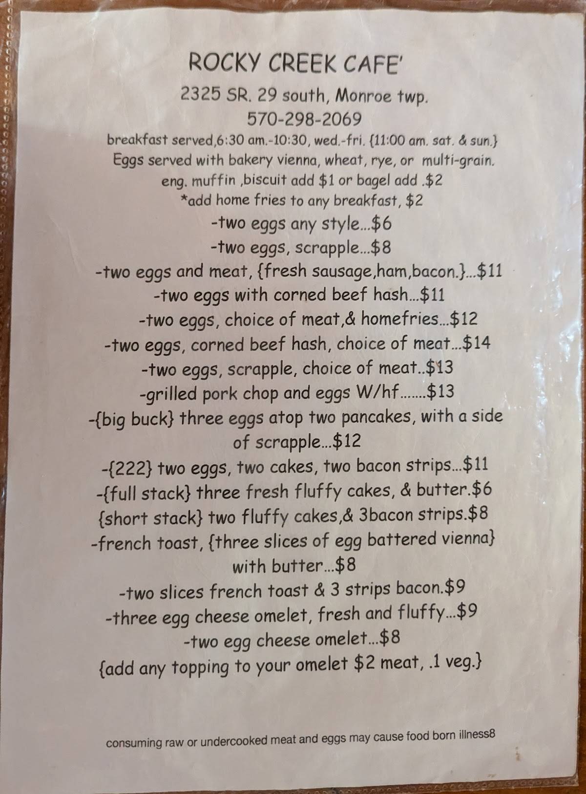 Menu at Rocky Creek Cafe, Noxen
