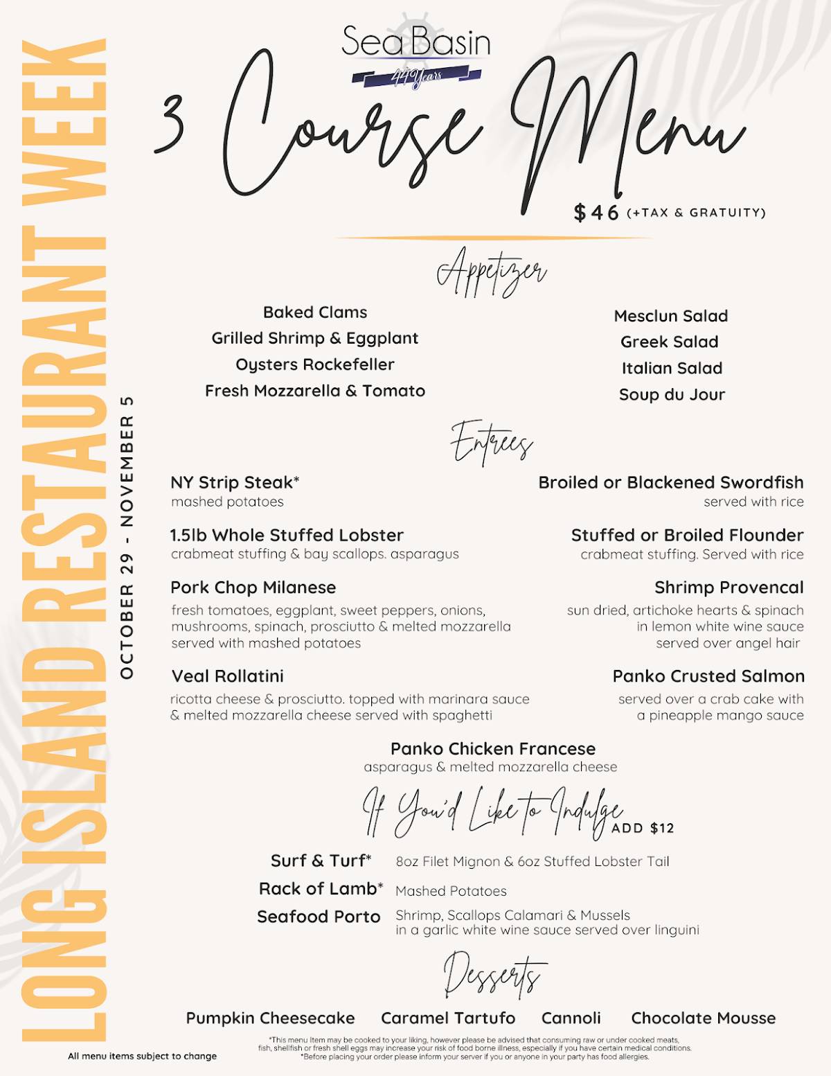 Menu at Sea Basin restaurant, Rocky Point