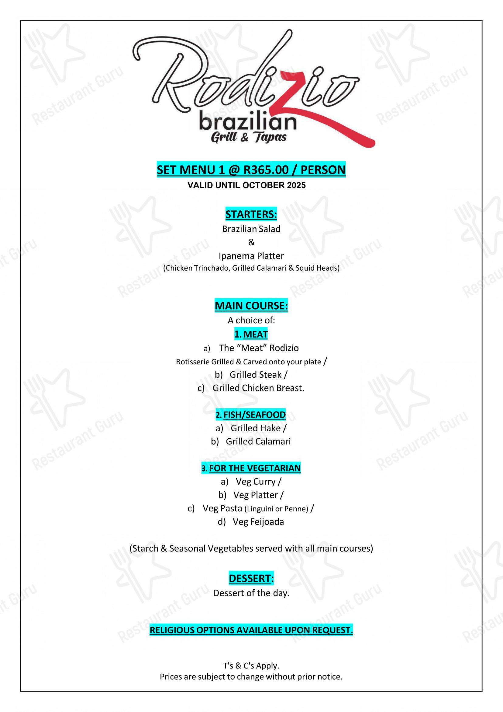 Menu at Rodizio Grill restaurant, Sandton, Melrose Arch