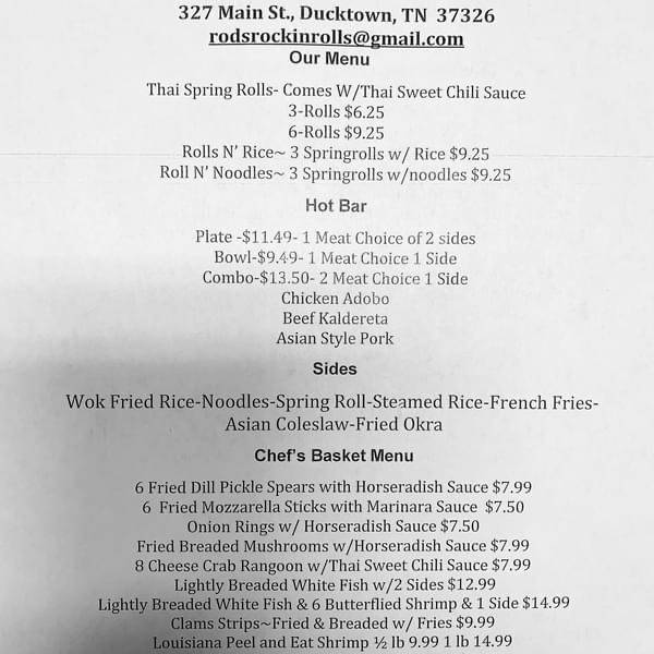 Menu at Rod's Rockin Rolls fast food, Ducktown