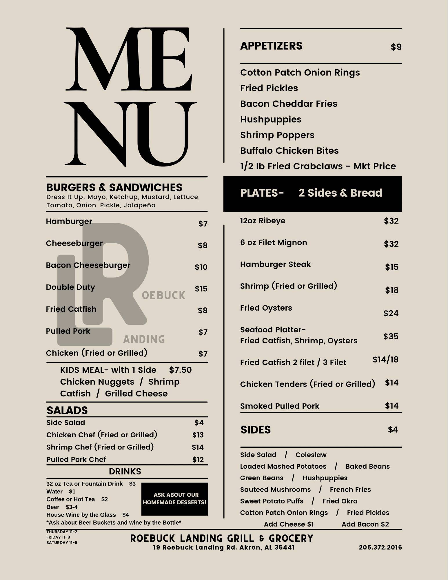 Menu at Roebuck Landing Grill & Grocery restaurant, USA