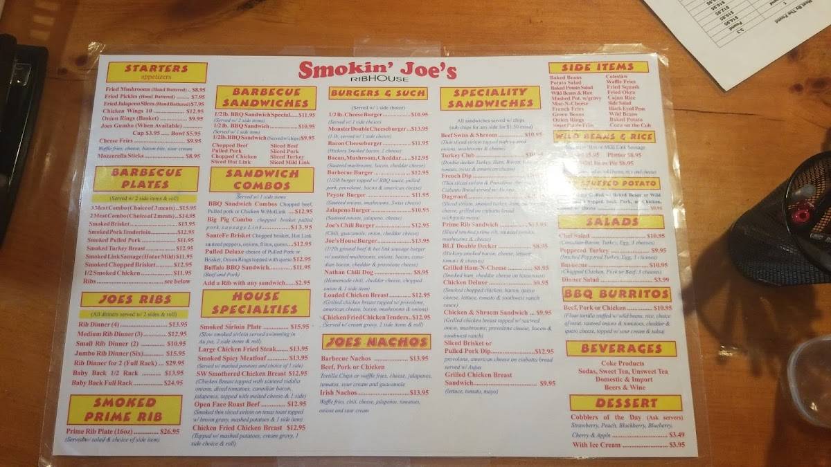 Menu at Smokin' Joe's Ribhouse BBQ, Rogers