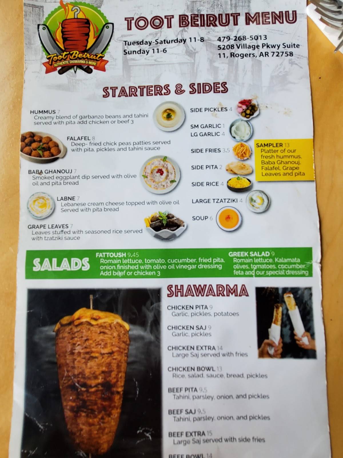 Menu at Toot Beirut Shawarma & More restaurant, Rogers