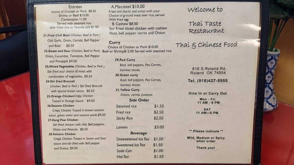 Menu at Thai Taste Thai & Chinese Restaurant, Roland