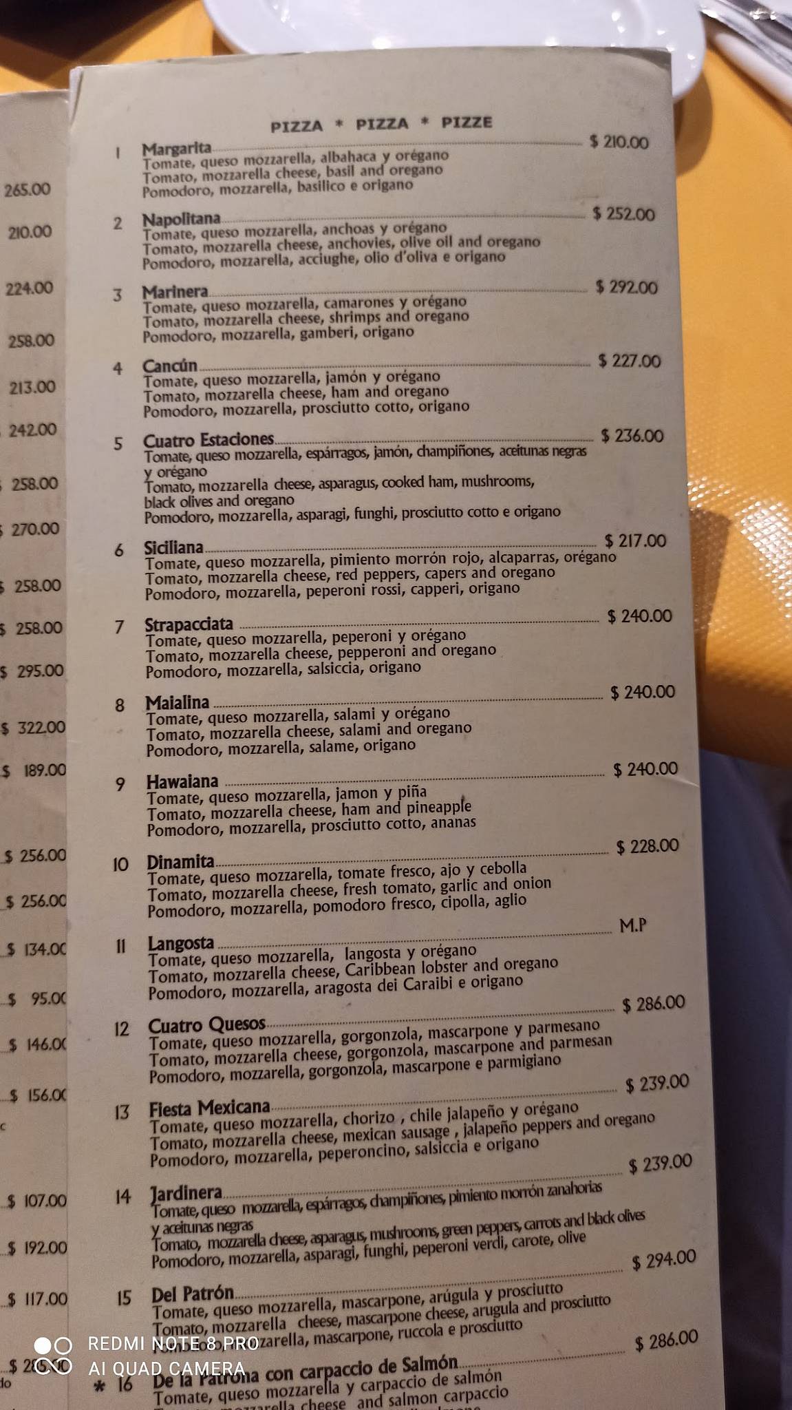 Carta de Rolandis Pizzeria, Isla Mujeres, Miguel Hidalgo 110