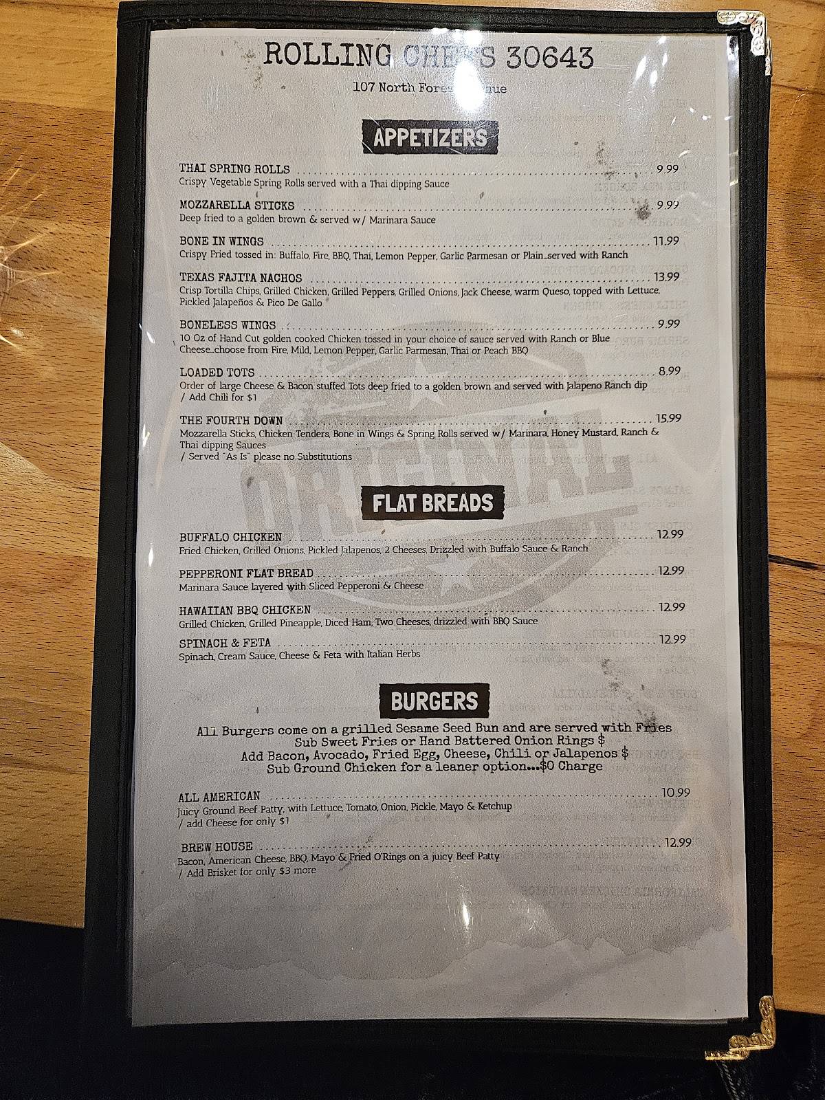 Menu at Rolling Chefs Hartwell restaurant, Hartwell, 107 N Forest Ave