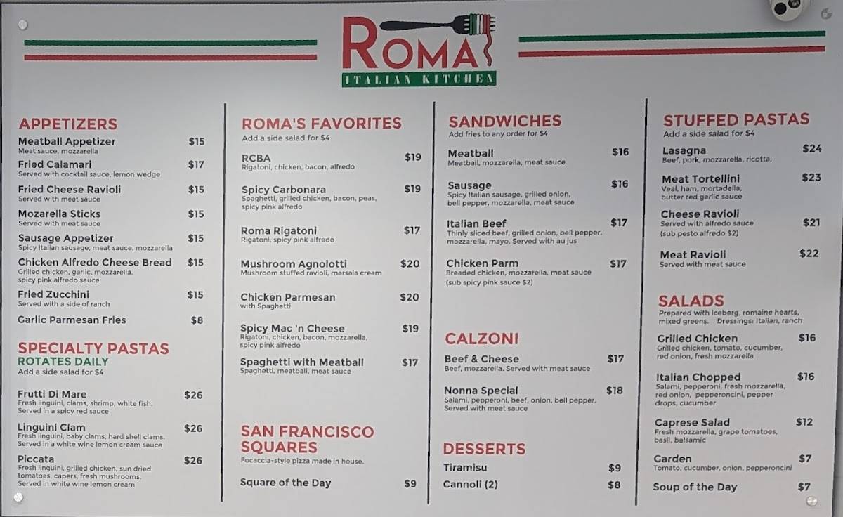 Menu at Roma Italian Kitchen restaurant, Clovis