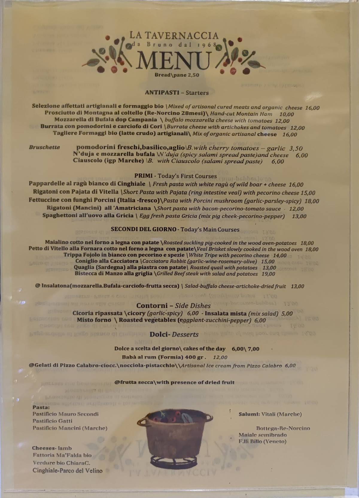 Menu at Ristorante La Tavernaccia Da Bruno, Rome, Via Giovanni da ...