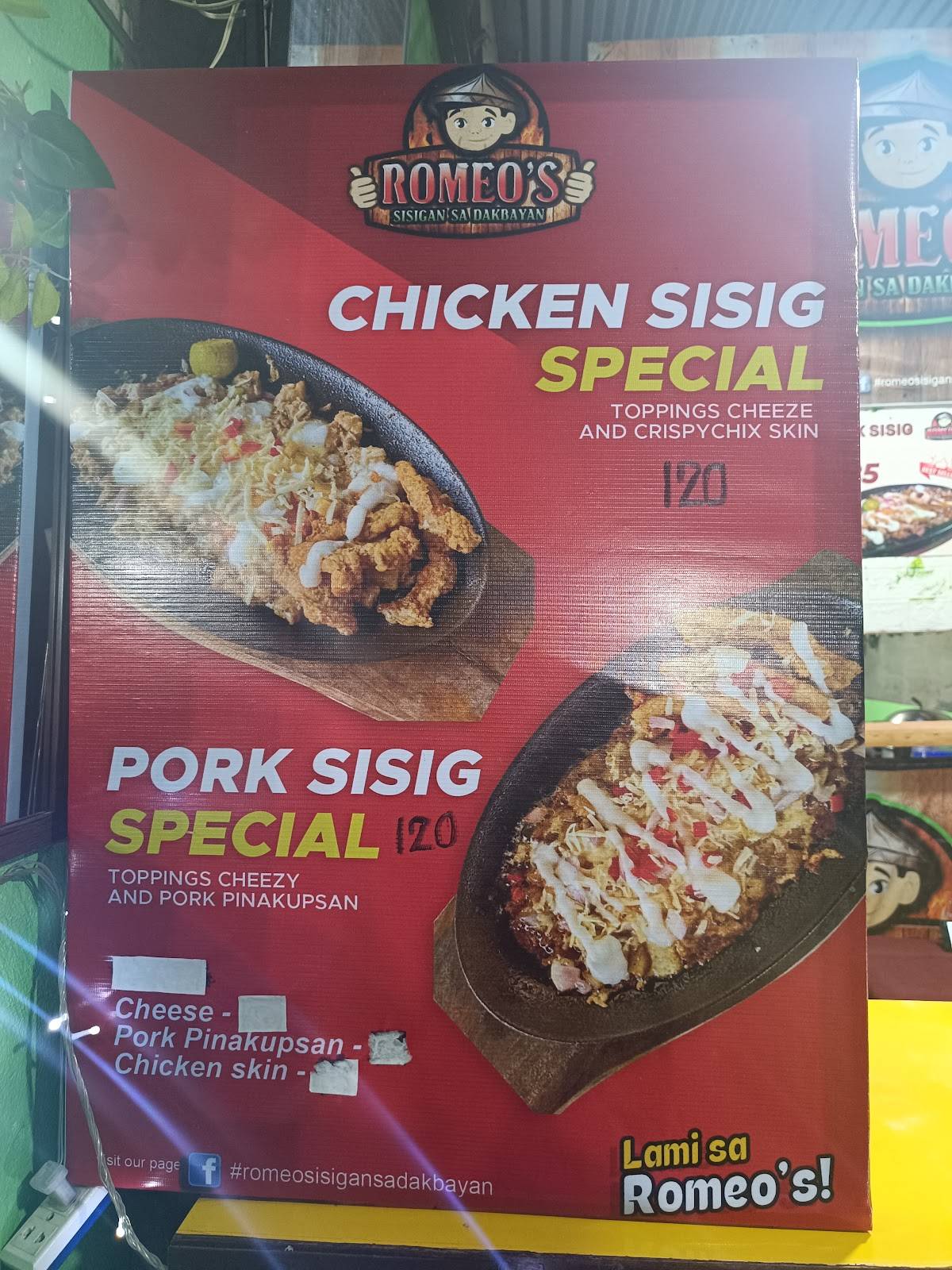 Menu at Romeo's Sisigan sa Dakbayan restaurant, Davao City, Lupo diaz St