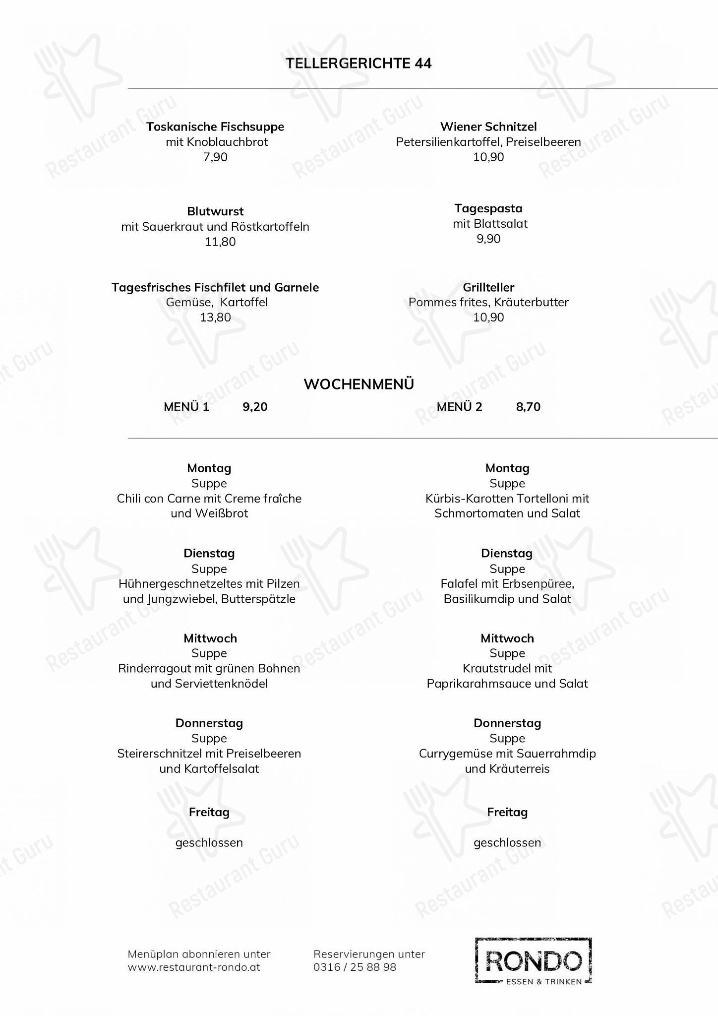 Speisekarte von Restaurant Rondo, Graz